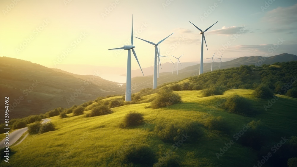 Wind turbines on the green hills against the colorful sunset sky ...