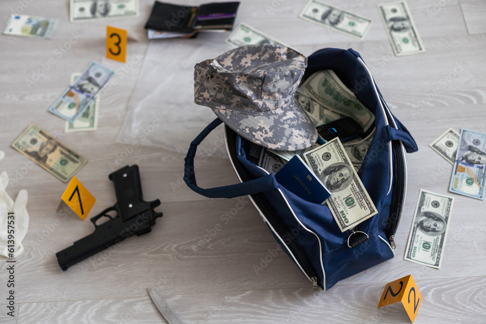 Guns and drugs concept - top view of cocain packages, drug bags and gun ...