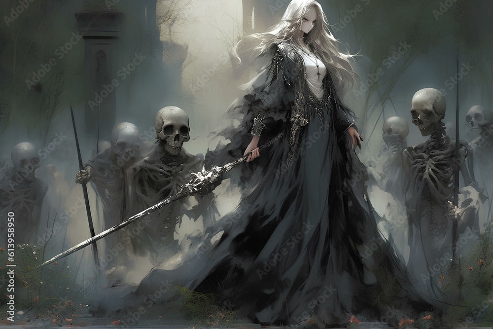 beautiful female necromancer in a graveyard, concept art style anime ...