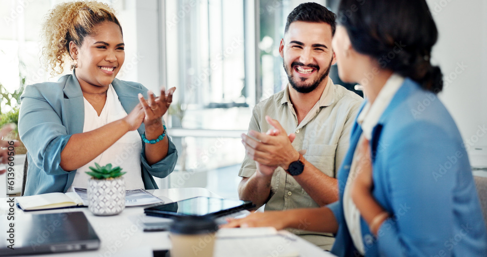 Business, woman and leader handshake employee, applause for promotion ...