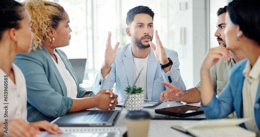 Business, man and leader with team, meeting and conversation for group ...