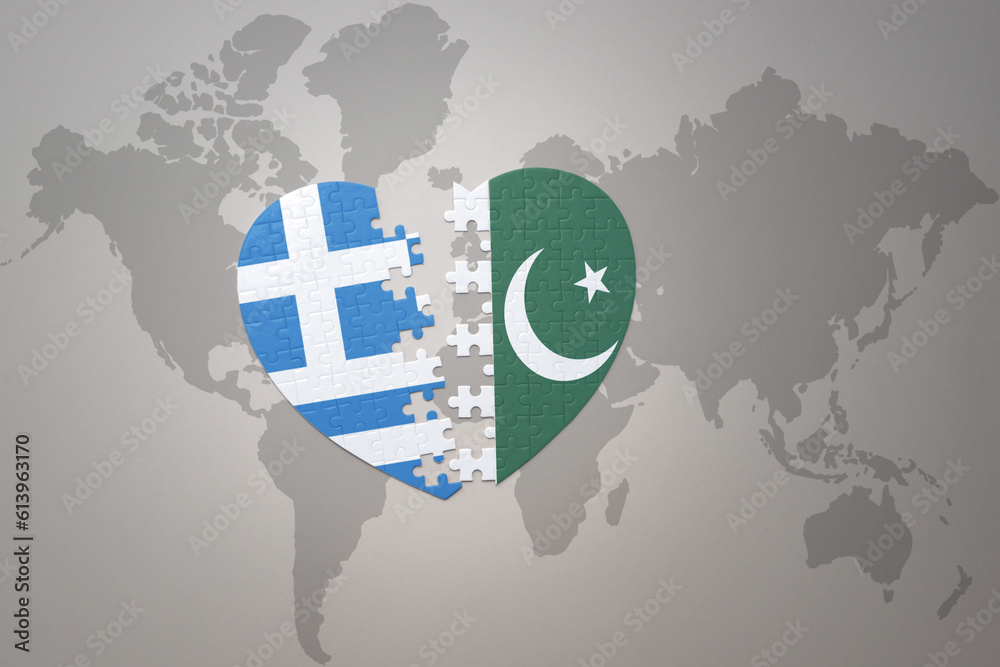 puzzle heart with the national flag of pakistan and greece on a world ...