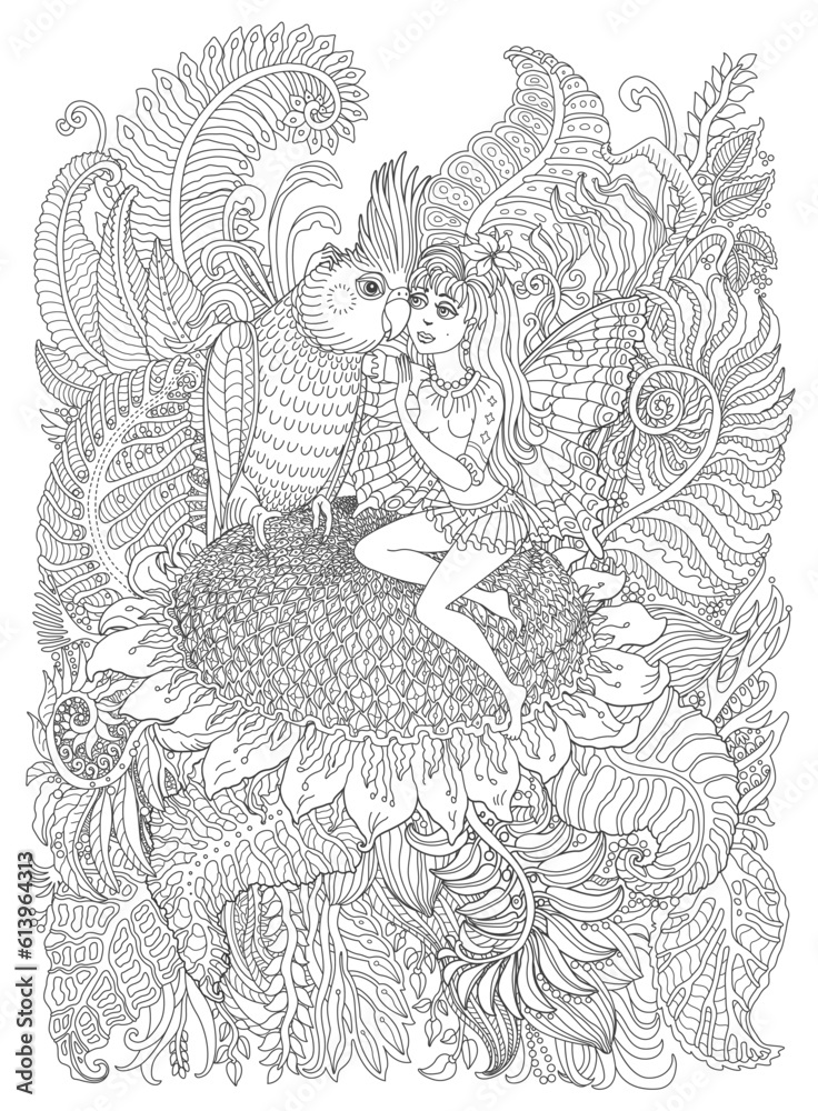 Fairy tale elf girl with butterfly wings sits on a sunflower with a ...