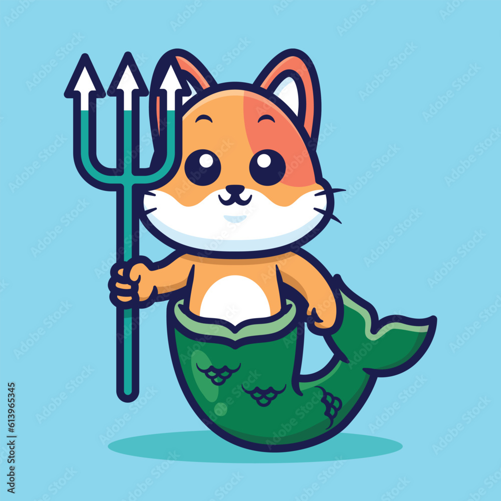 Cute mermaid cat character design with trident vector cartoon ...