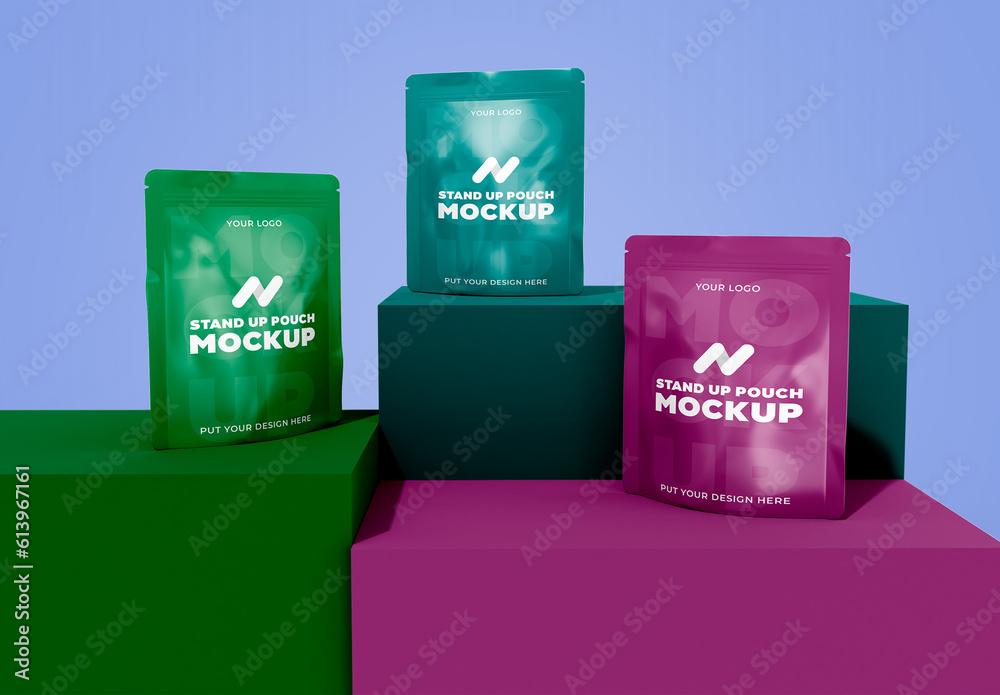 Three Stand Up Pouch Packaging Mockup Stock Template | Adobe Stock