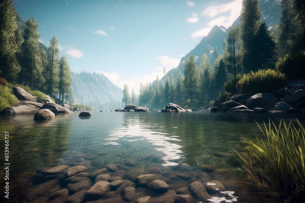 Escape to the serenity of a clearwater lake rendered with precision in ...