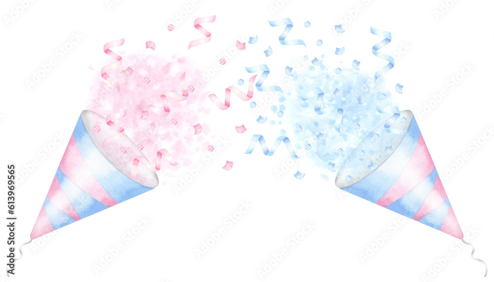 Banner pink blue party poppers with confetti. Hand drawn watercolor ...