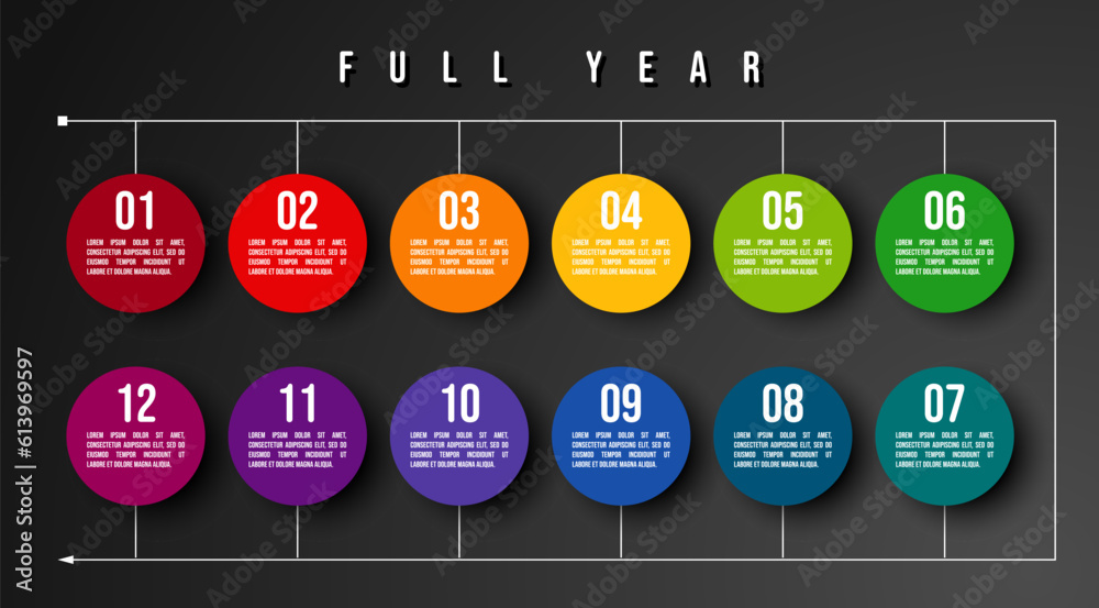 Infographic dark full year mosaic timeline template made from circles ...