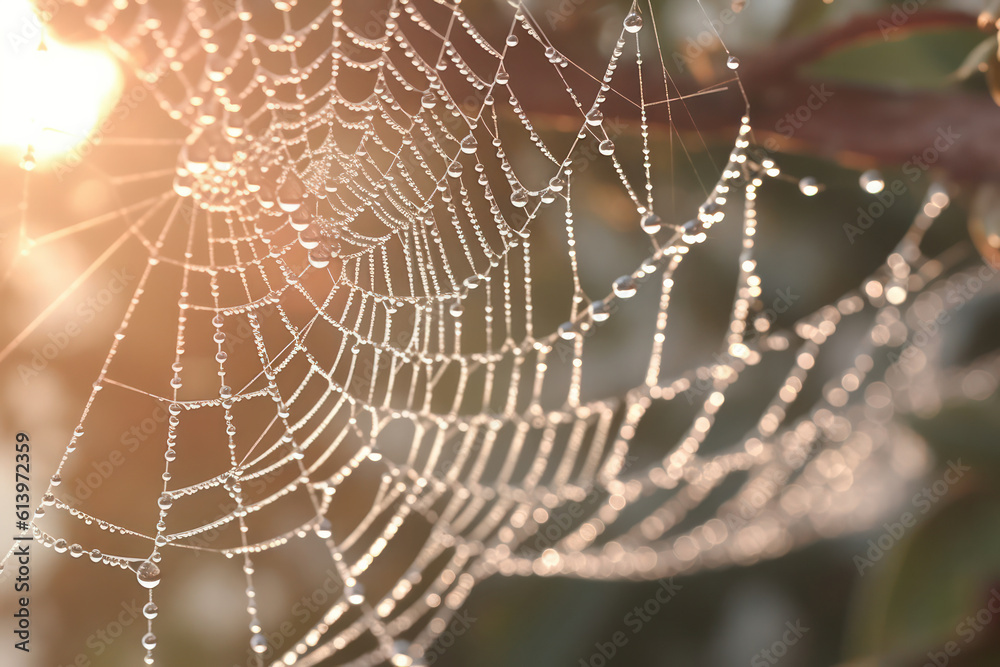 A close-up shot of a dew-covered spider web glistening in the soft ...