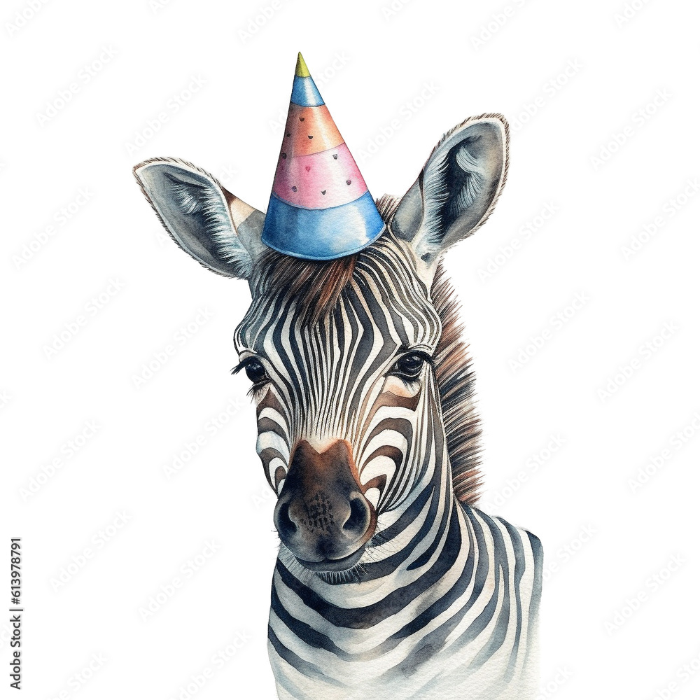 cute baby zebra portrait wearing a birthday hat in watercolor design ...