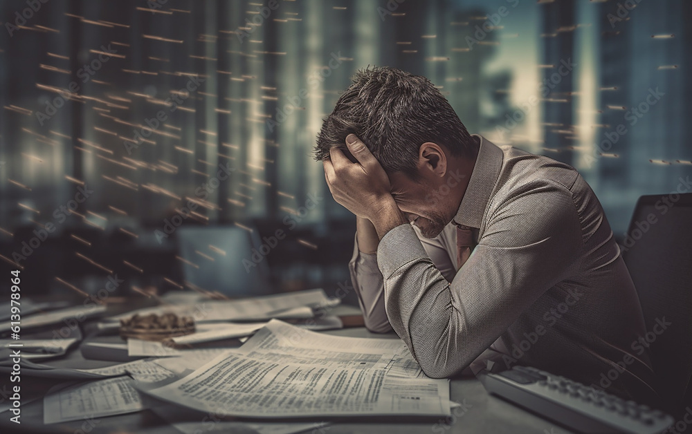 Businessman holding his head. The failure of an important project has triggered a wave of ...
