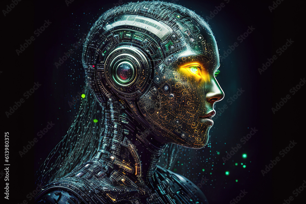 Android in matrix space. Artificial intelligence in a female form ...