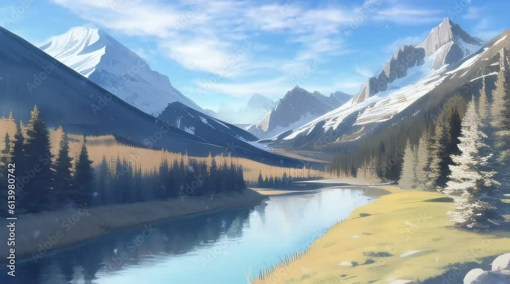 Beautiful fantasy landscape river with pine forest and snow Mountain ...