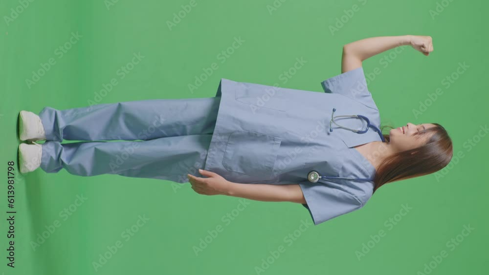 Full Body Of Asian Female Doctor With Stethoscope Smile And Flex Muscle ...