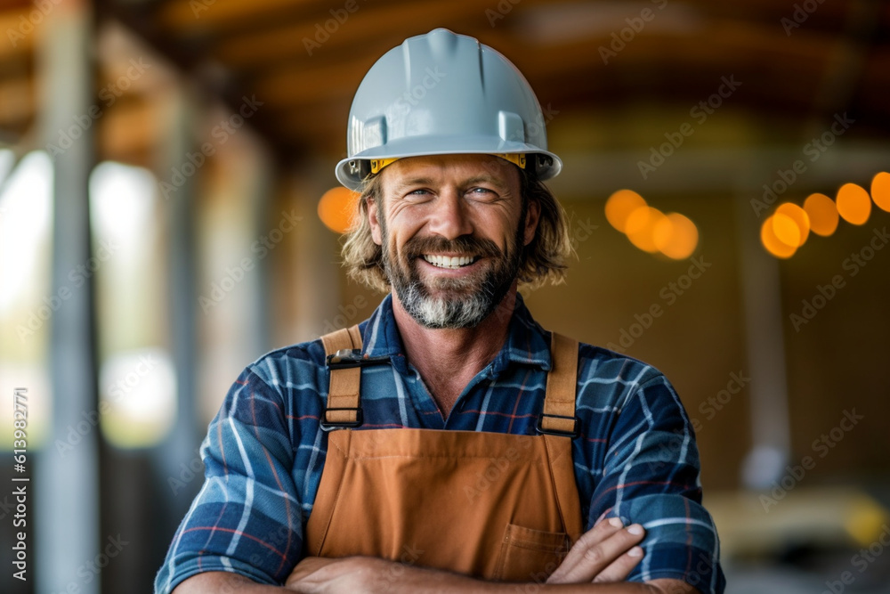 Smiling constructor worker wearing a hard hat and holding blueprints ...