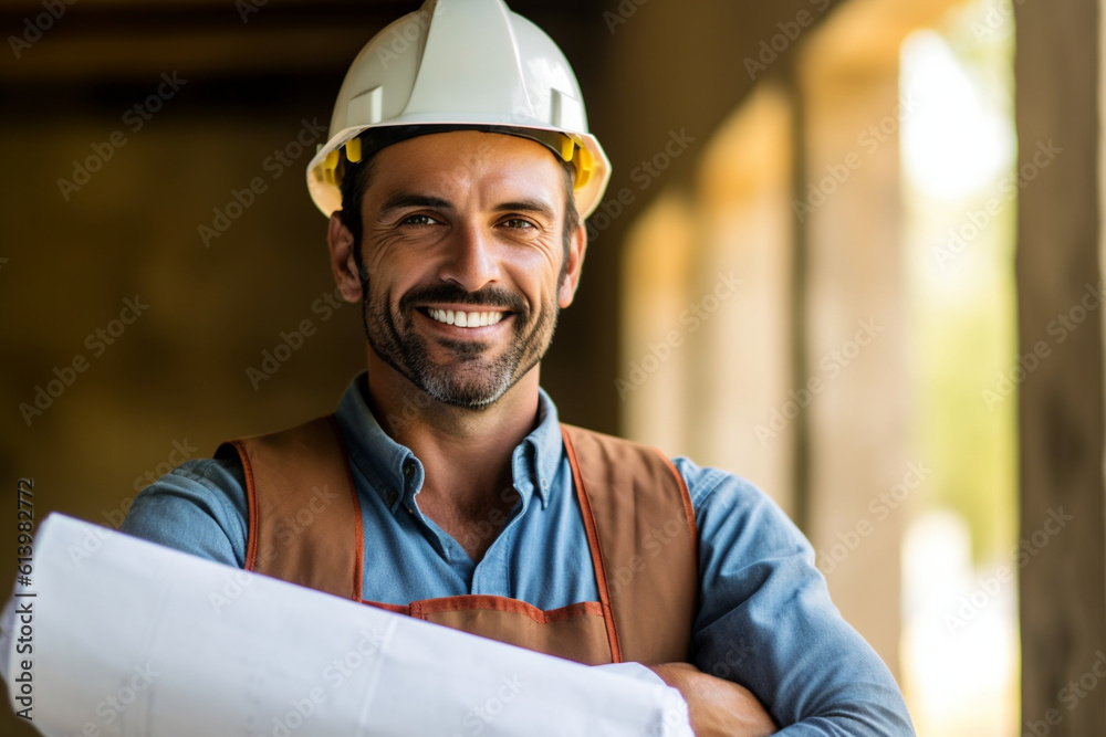 Smiling constructor worker wearing a hard hat and holding blueprints ...