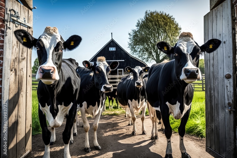 Back view of a herd of black and white Dutch cows standing in front of ...