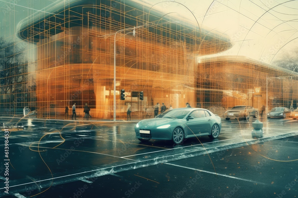 Vehicles adorned with advanced technology, surrounded by a futuristic ...