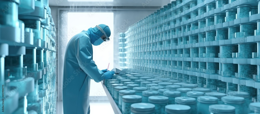 ersonnel carefully handling samples of containers in a drug production ...