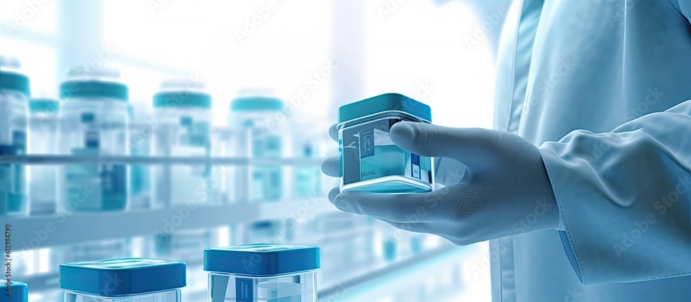 ersonnel carefully handling samples of containers in a drug production ...