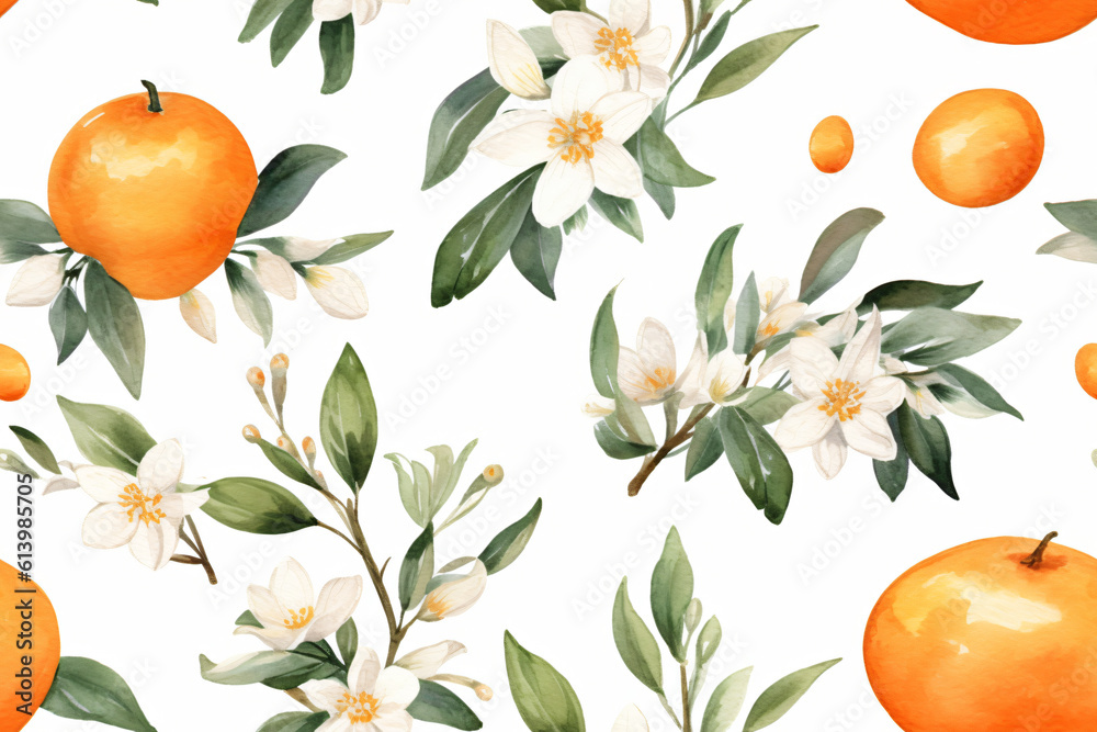 fresh seamless pattern with collection oranges, orange blossoms and ...