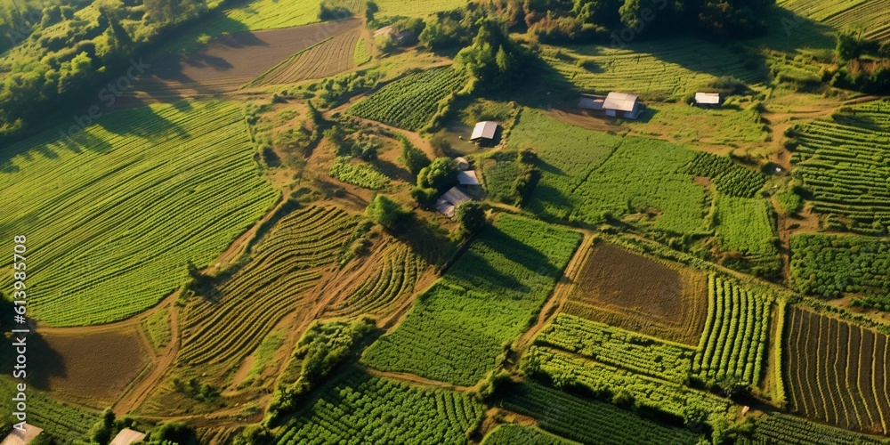 ecosystem with healthy farming method, aerial view of fields with ...
