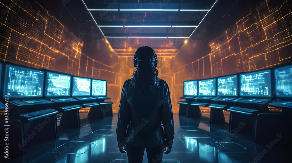 Shadowy female figure wearing virtual reality headset standing in large ...