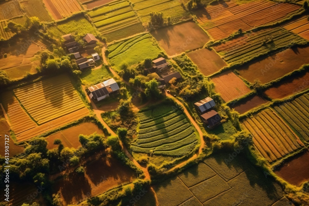 ecosystem with healthy farming method, aerial view of fields with ...
