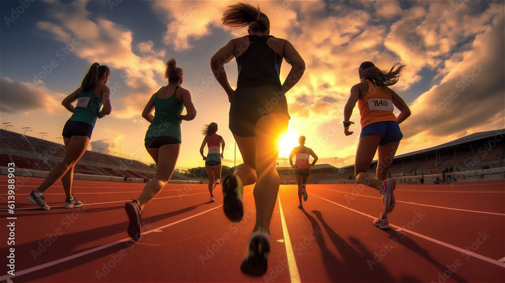 Group of Girls Female Athletes running in a stadium. Fitness and Sports ...