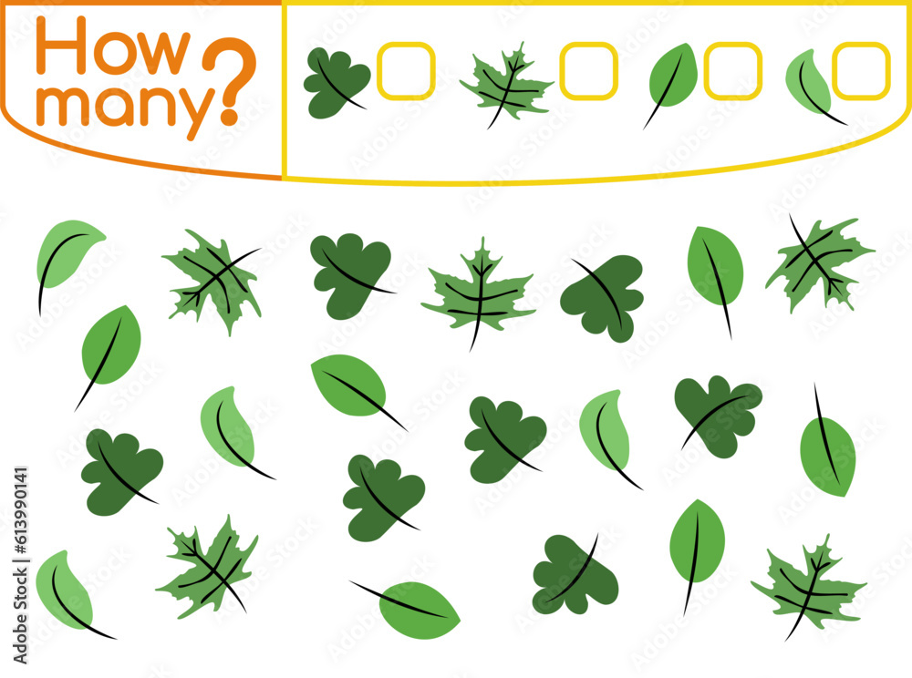 Counting game with green leaves for preschool children. Count how many ...