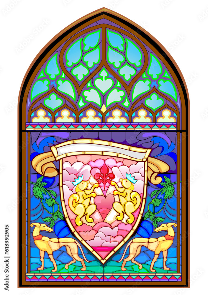 Colorful stained glass window. Gothic architectural style. Beautiful ...