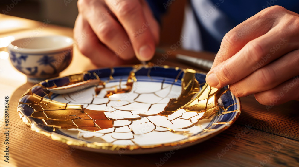 Female hands fixing porcelain with kintsugi method. Ceramic plate ...