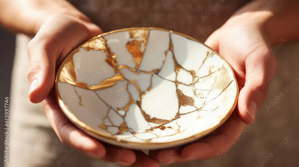 White ceramic plate with kintsugi method in Female hands. Antique ...