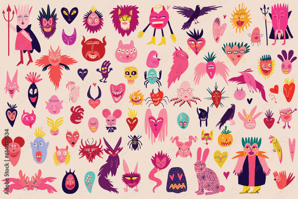 Vibrant bright Strange ugly Halloween characters. Funky bizarre comic ...