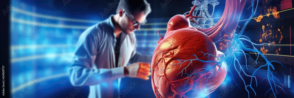 Panoramic view of a virtual reality simulation of a human heart, shown ...