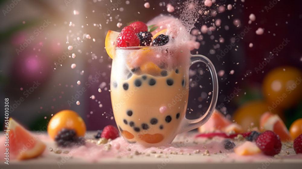 Boba tea flying milk splash, panoramic ai art for cafe, realistic, high ...