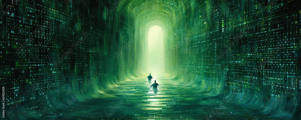 Wide, panoramic depiction of a binary code waterfall in striking ...