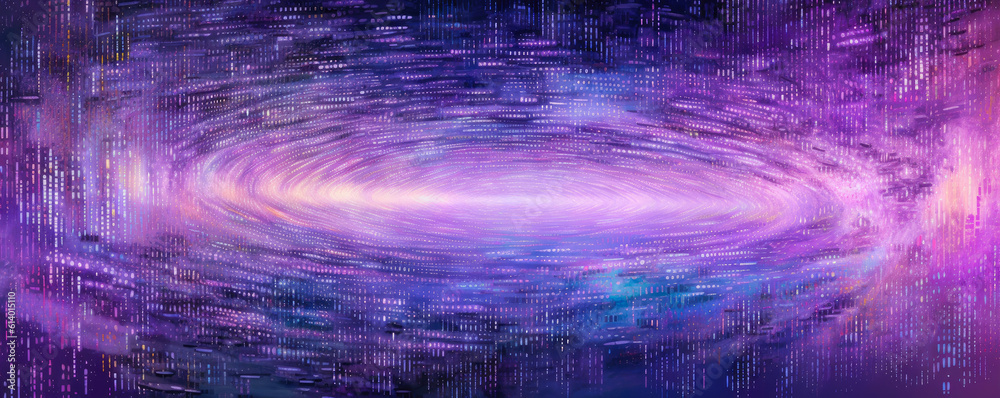 Wide, panoramic representation of a flowing binary code stream in a ... Wide, panoramic representation of a flowing binary code stream in a ...