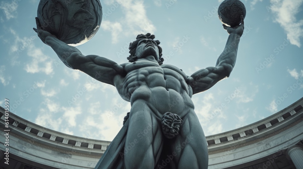 a photo of a huge great statue of the greek god titan atlas holding ...