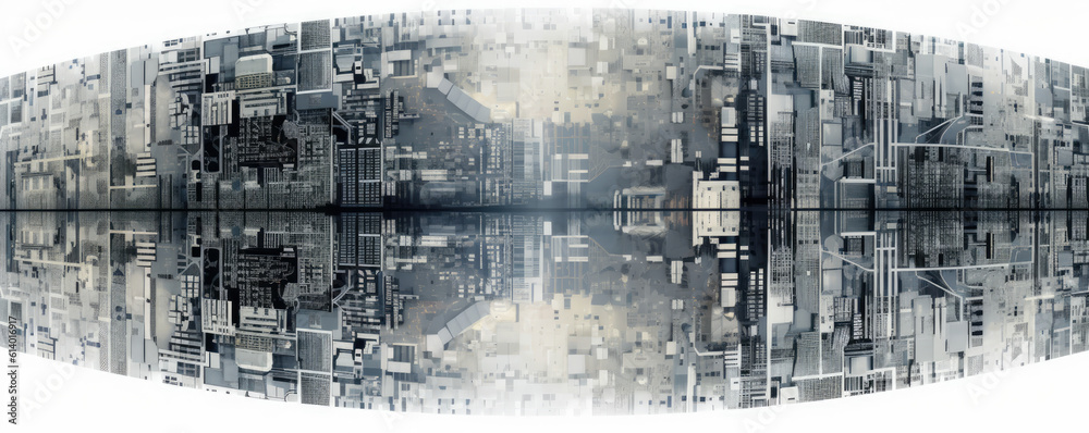 Panoramic view of white circuitry patterns converging into a focal ...