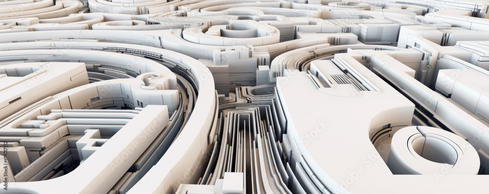 Panoramic view of white abstract circuit paths converging into a focal ...