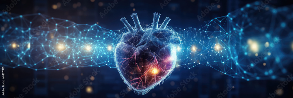 abstract panorama of a glowing human heart interconnected with digital ...