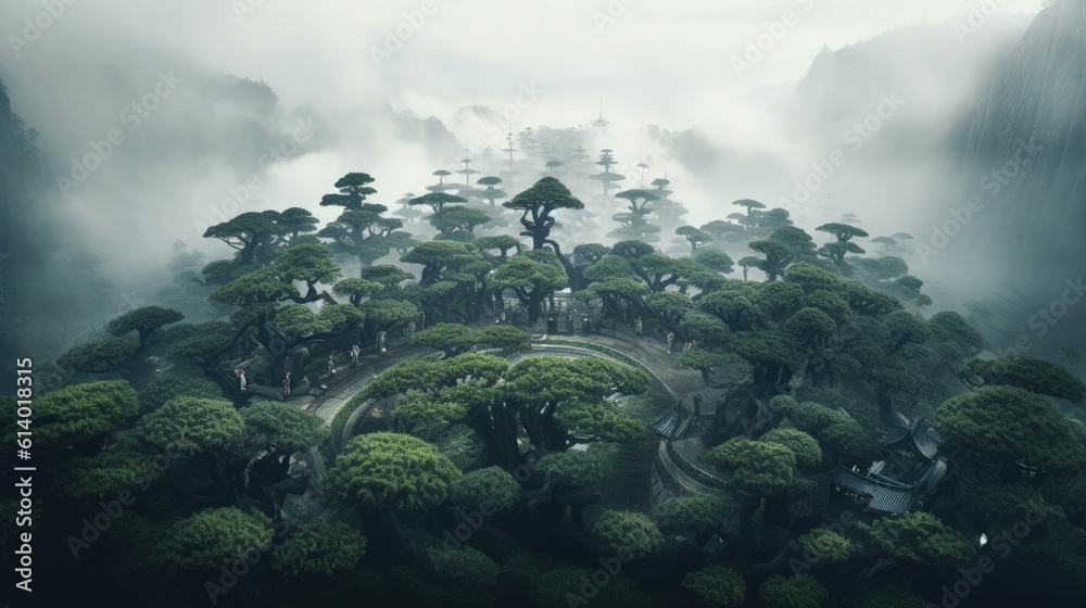 misty mountain landscape, a sprawling forest of towering bonsai, in the ...