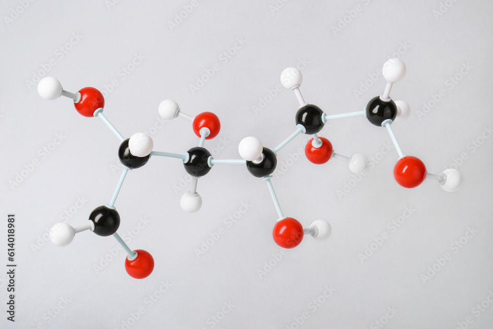 Molecule of glucose on light grey background. Chemical model Stock ...