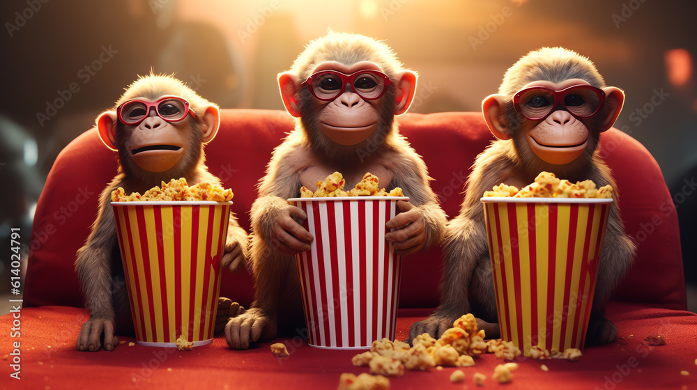 Generative AI Three red cinema chairs with fizzy drink and box of ...