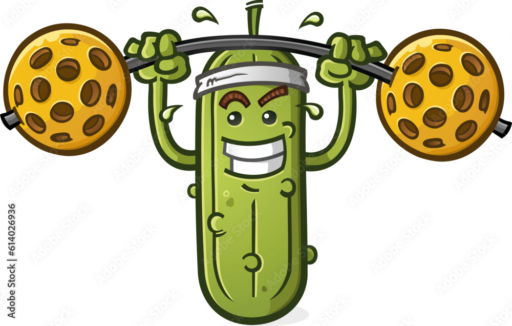 Pickle cartoon character weight lifting a large heavy pickleball ...
