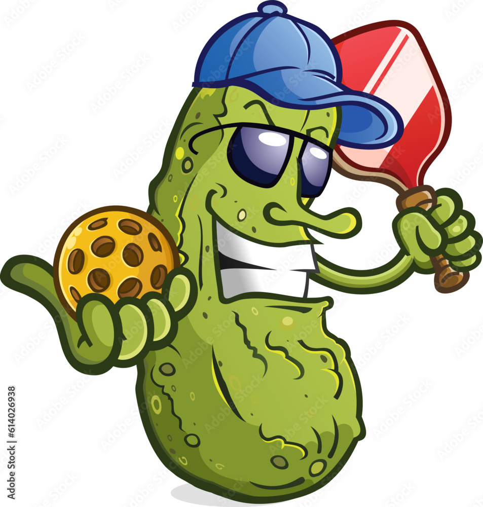 Pickle cartoon mascot with attitude wearing sunglasses and a baseball ...
