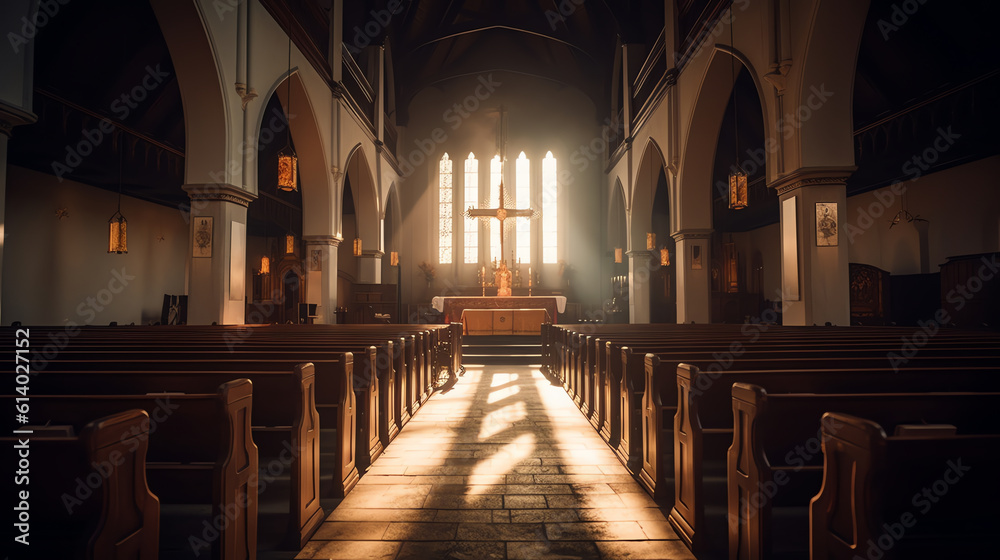 Generative AI Horizontal image of empty old church with altar and ...