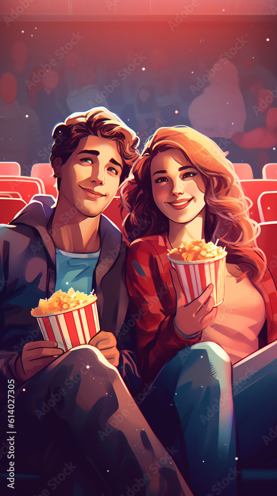 Generative AI Loving couple in movie theater, man and woman look on ...
