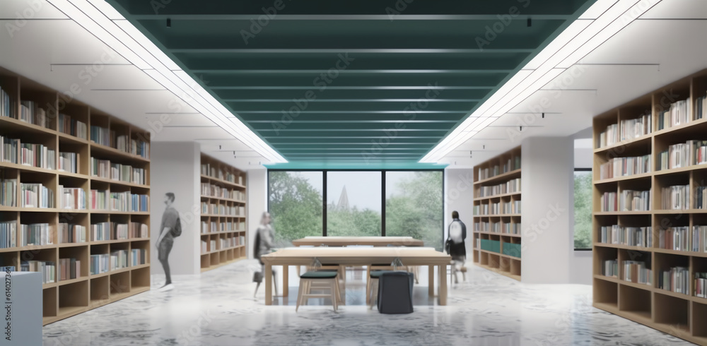 Generative AI A healthcare college library with open spaces, green ...